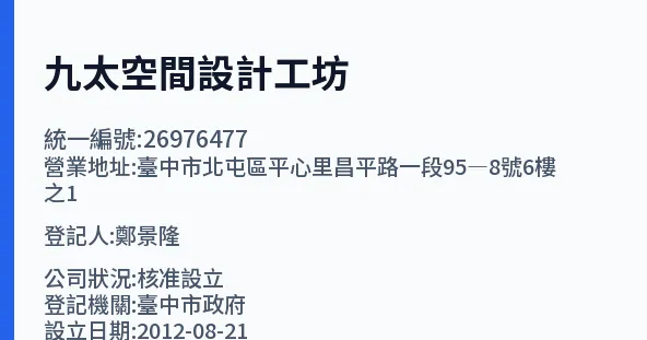 九太空間設計工坊的照片-統編 26976477(臺中市) 公司登記資料與營業項目詳細圖表