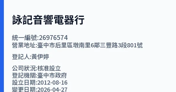 詠記音響電器行的照片-統編 26976574(臺中市) 公司登記資料與營業項目詳細圖表