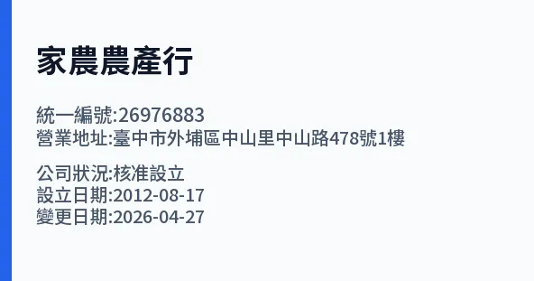 家農農產行的照片-統編 26976883(臺中市) 公司登記資料與營業項目詳細圖表