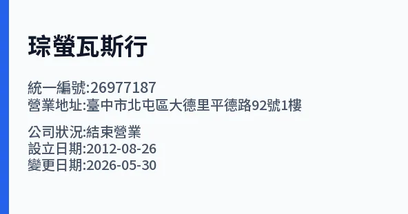 琮螢瓦斯行的照片-統編 26977187(臺中市) 公司登記資料與營業項目詳細圖表