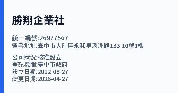 勝翔企業社的照片-統編 26977567(臺中市) 公司登記資料與營業項目詳細圖表