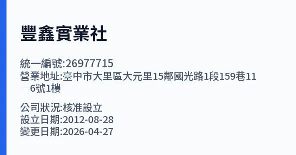 豐鑫實業社的照片-統編 26977715(臺中市) 公司登記資料與營業項目詳細圖表