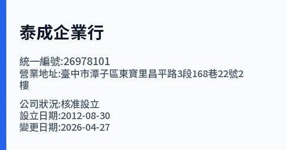 泰成企業行的照片-統編 26978101(臺中市) 公司登記資料與營業項目詳細圖表