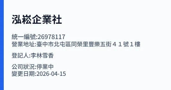 泓崧企業社的照片-統編 26978117(臺中市) 公司登記資料與營業項目詳細圖表