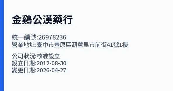 金鷄公漢藥行的照片-統編 26978236(臺中市) 公司登記資料與營業項目詳細圖表