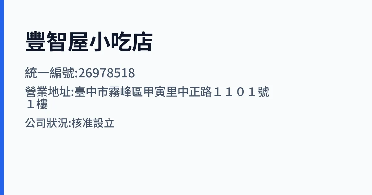豐智屋小吃店 - 統編 26978518(臺中市) 公司登記資料與營業項目詳細圖表