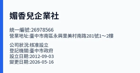 媚香兒企業社的照片-統編 26978566(臺中市) 公司登記資料與營業項目詳細圖表