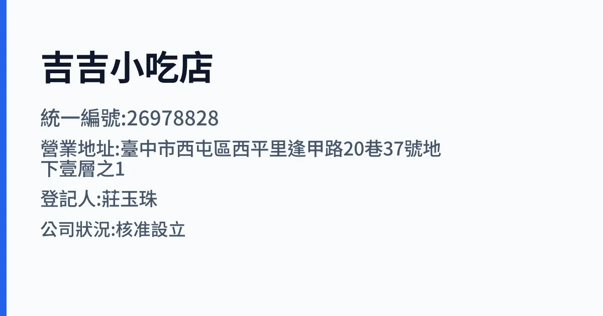 吉吉小吃店 - 統編 26978828(臺中市) 公司登記資料與營業項目詳細圖表