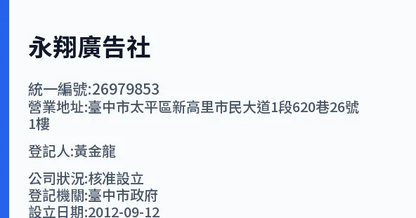 永翔廣告社的照片-統編 26979853(臺中市) 公司登記資料與營業項目詳細圖表