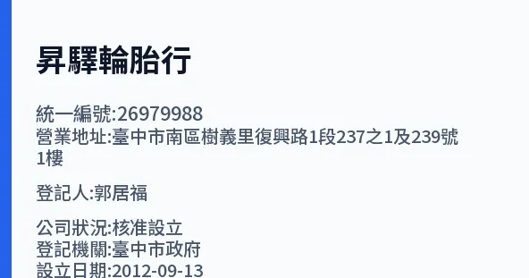昇驛輪胎行的照片-統編 26979988(臺中市) 公司登記資料與營業項目詳細圖表