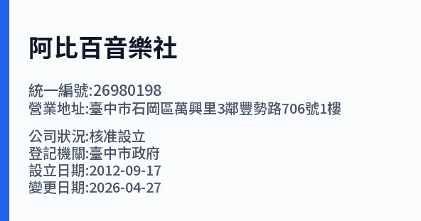 阿比百音樂社的照片-統編 26980198(臺中市) 公司登記資料與營業項目詳細圖表