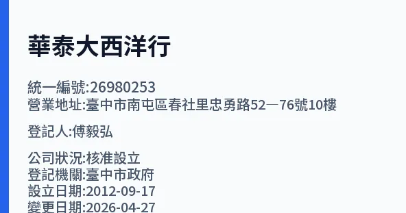 華泰大西洋行的照片-統編 26980253(臺中市) 公司登記資料與營業項目詳細圖表