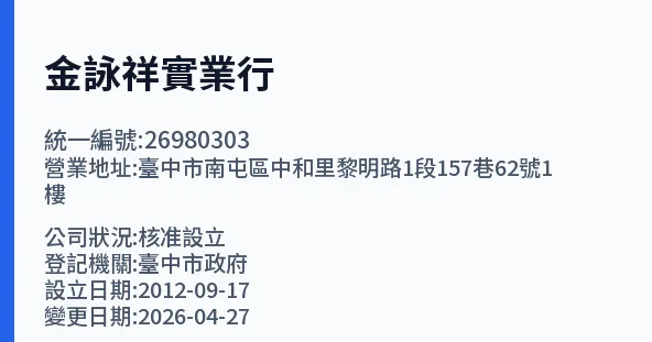 金詠祥實業行的照片-統編 26980303(臺中市) 公司登記資料與營業項目詳細圖表