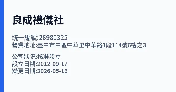 良成禮儀社的照片-統編 26980325(臺中市) 公司登記資料與營業項目詳細圖表