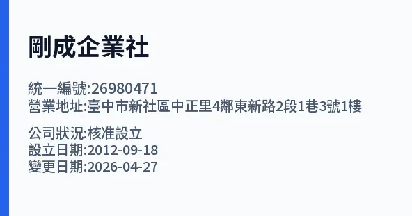 剛成企業社的照片-統編 26980471(臺中市) 公司登記資料與營業項目詳細圖表