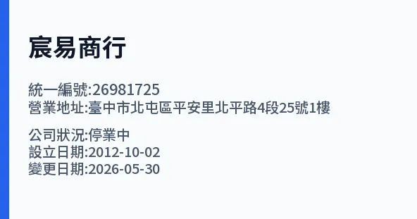 宸易商行的照片-統編 26981725(臺中市) 公司登記資料與營業項目詳細圖表