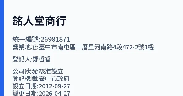 銘人堂商行的照片-統編 26981871(臺中市) 公司登記資料與營業項目詳細圖表