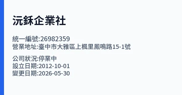 沅鉌企業社的照片-統編 26982359(臺中市) 公司登記資料與營業項目詳細圖表