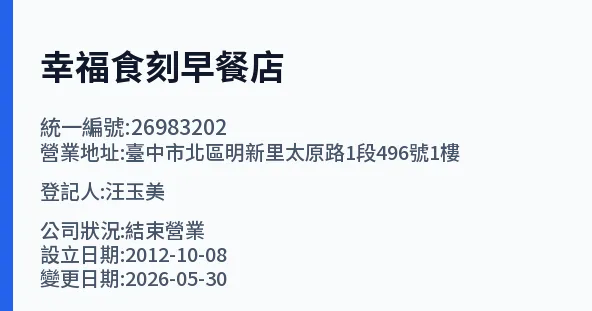 幸福食刻早餐店的照片-統編 26983202(臺中市) 公司登記資料與營業項目詳細圖表