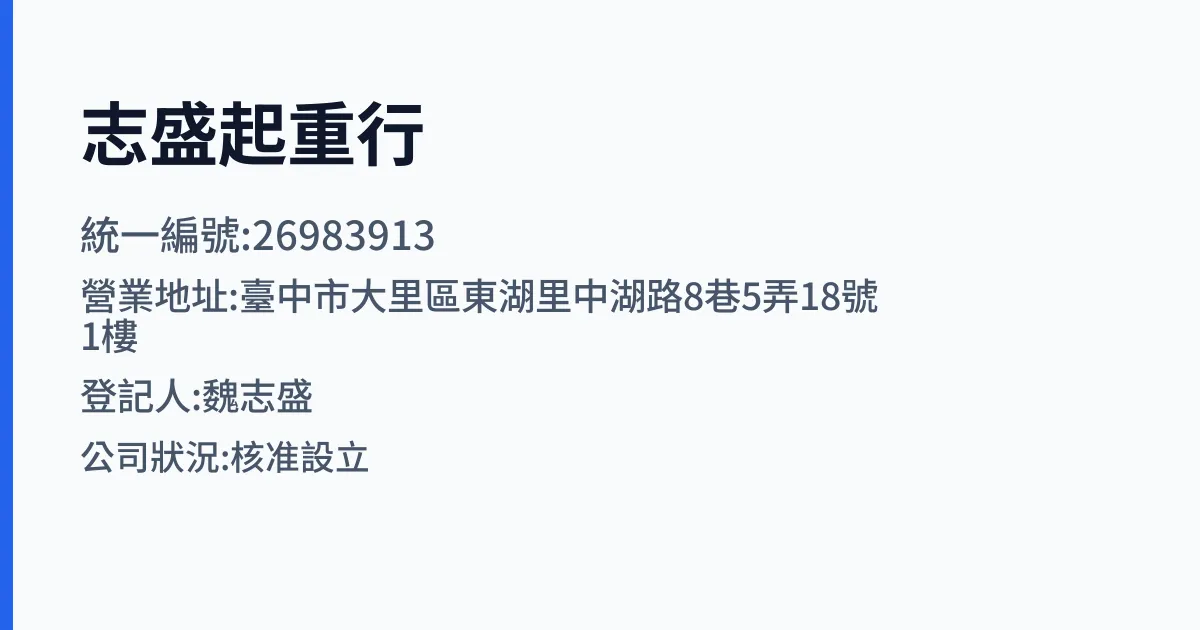 志盛起重行 - 統編 26983913(臺中市) 公司登記資料與營業項目詳細圖表