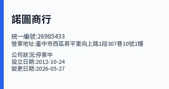 諾圖商行的照片-統編 26985433(臺中市) 公司登記資料與營業項目詳細圖表