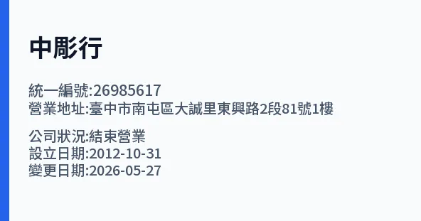 中彫行的照片-統編 26985617(臺中市) 公司登記資料與營業項目詳細圖表