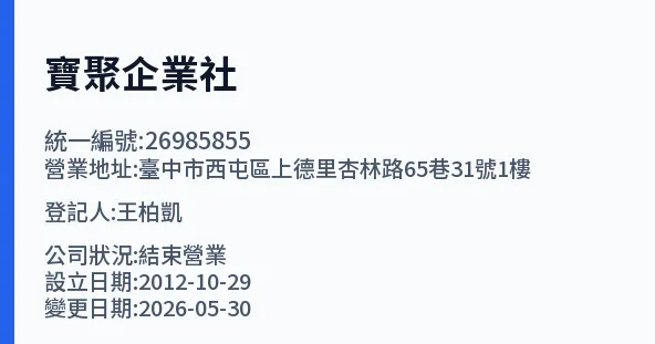 寶聚企業社的照片-統編 26985855(臺中市) 公司登記資料與營業項目詳細圖表