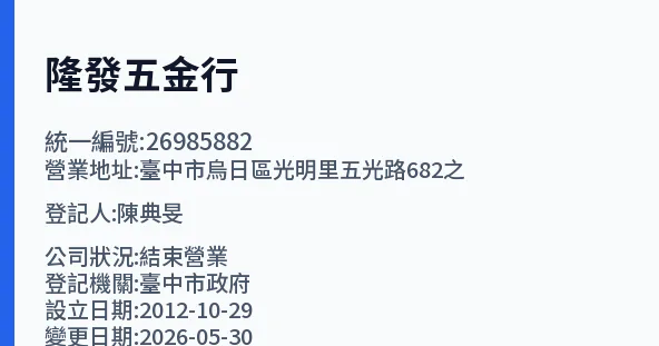 隆發五金行的照片-統編 26985882(臺中市) 公司登記資料與營業項目詳細圖表