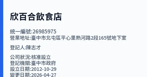 欣百合飲食店的照片-統編 26985975(臺中市) 公司登記資料與營業項目詳細圖表