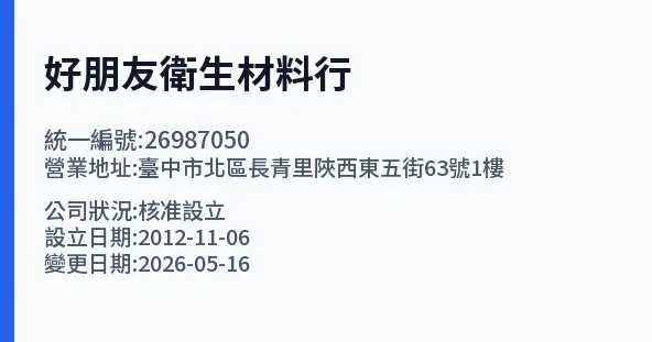好朋友衛生材料行的照片-統編 26987050(臺中市) 公司登記資料與營業項目詳細圖表