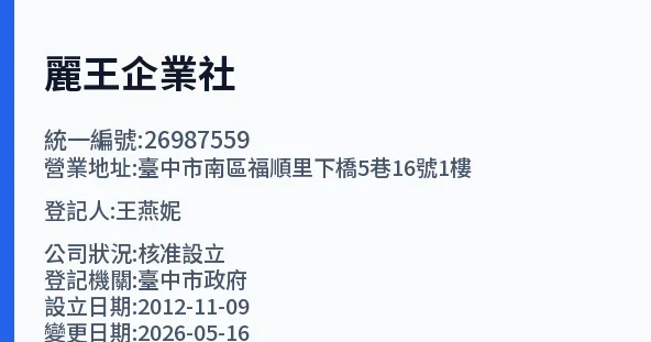 麗王企業社的照片-統編 26987559(臺中市) 公司登記資料與營業項目詳細圖表