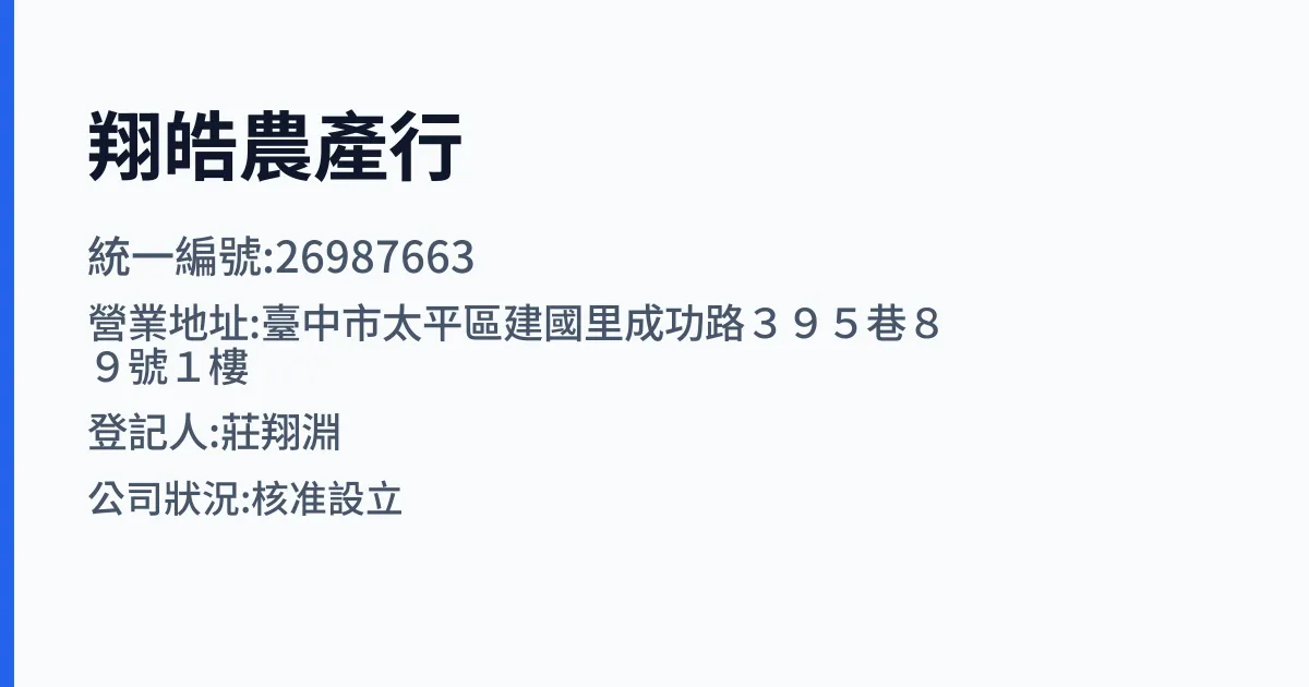 翔皓農產行 - 統編 26987663(臺中市) 公司登記資料與營業項目詳細圖表