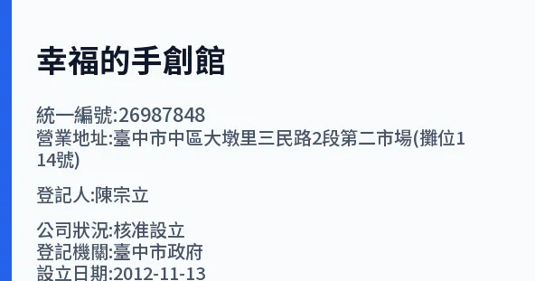 幸福的手創館的照片-統編 26987848(臺中市) 公司登記資料與營業項目詳細圖表