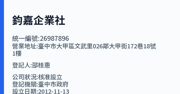 鈞嘉企業社的照片-統編 26987896(臺中市) 公司登記資料與營業項目詳細圖表