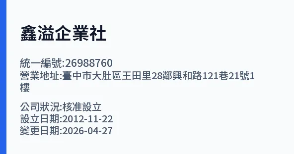 鑫溢企業社的照片-統編 26988760(臺中市) 公司登記資料與營業項目詳細圖表
