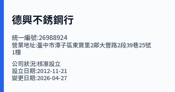 德興不銹鋼行的照片-統編 26988924(臺中市) 公司登記資料與營業項目詳細圖表
