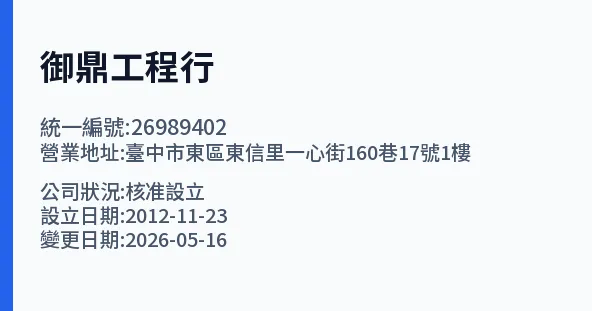 御鼎工程行的照片-統編 26989402(臺中市) 公司登記資料與營業項目詳細圖表
