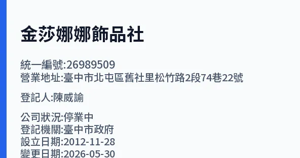 金莎娜娜飾品社的照片-統編 26989509(臺中市) 公司登記資料與營業項目詳細圖表