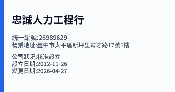 忠誠人力工程行的照片-統編 26989629(臺中市) 公司登記資料與營業項目詳細圖表