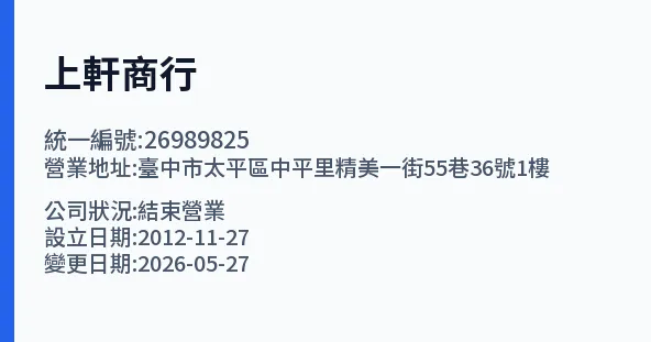 上軒商行的照片-統編 26989825(臺中市) 公司登記資料與營業項目詳細圖表