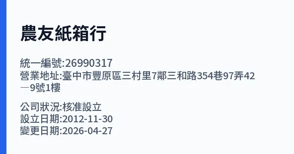 農友紙箱行的照片-統編 26990317(臺中市) 公司登記資料與營業項目詳細圖表