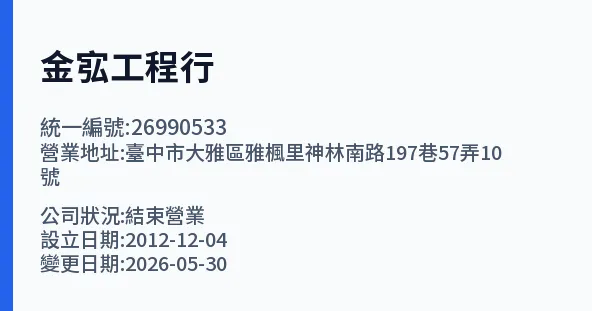 金宖工程行的照片-統編 26990533(臺中市) 公司登記資料與營業項目詳細圖表