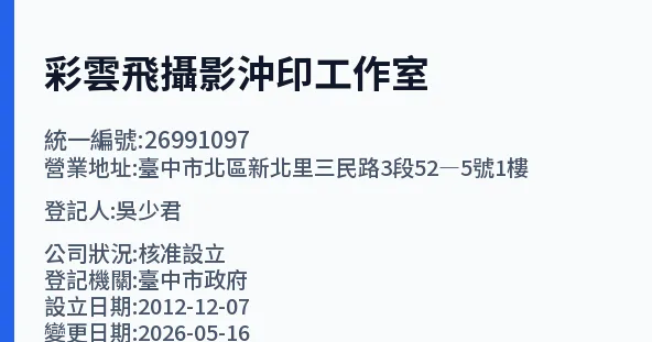 彩雲飛攝影沖印工作室的照片-統編 26991097(臺中市) 公司登記資料與營業項目詳細圖表