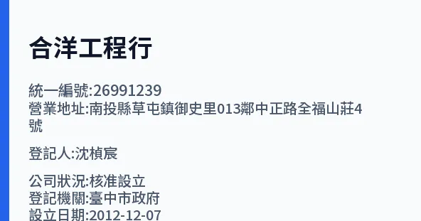 合洋工程行的照片-統編 26991239(南投縣) 公司登記資料與營業項目詳細圖表