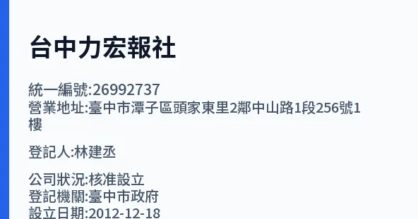 台中力宏報社的照片-統編 26992737(臺中市) 公司登記資料與營業項目詳細圖表