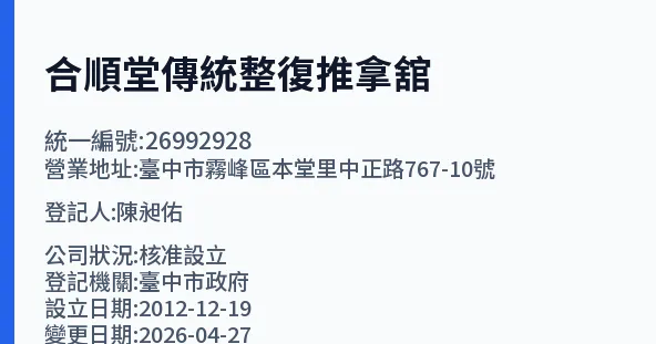 合順堂傳統整復推拿舘的照片-統編 26992928(臺中市) 公司登記資料與營業項目詳細圖表