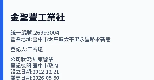 金聖豐工業社的照片-統編 26993004(臺中市) 公司登記資料與營業項目詳細圖表