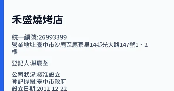 禾盛燒烤店的照片-統編 26993399(臺中市) 公司登記資料與營業項目詳細圖表