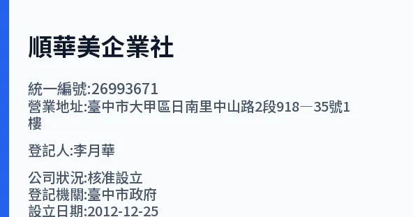 順華美企業社的照片-統編 26993671(臺中市) 公司登記資料與營業項目詳細圖表