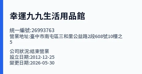 幸運九九生活用品館的照片-統編 26993763(臺中市) 公司登記資料與營業項目詳細圖表